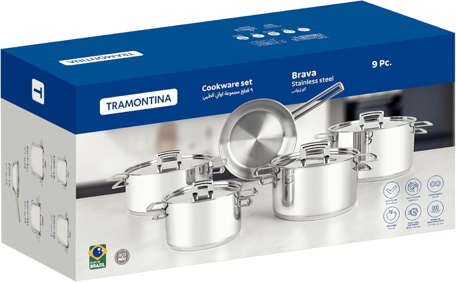 Tramontina Brava 9 Pieces Stainless Steel Cookware Set with Flat Lid ...