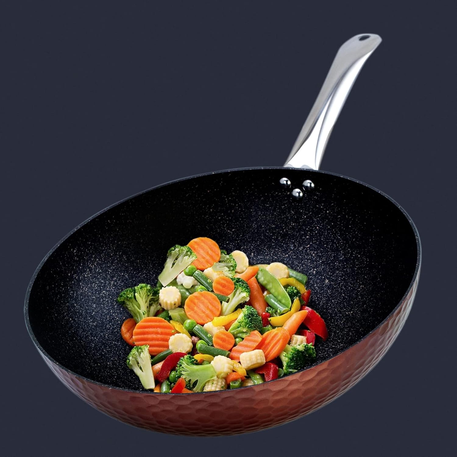 WILSON ALUMINIUM COPPER HAMMERED WOK WITH INDUCTION BOTTOM AND MARBLE ...