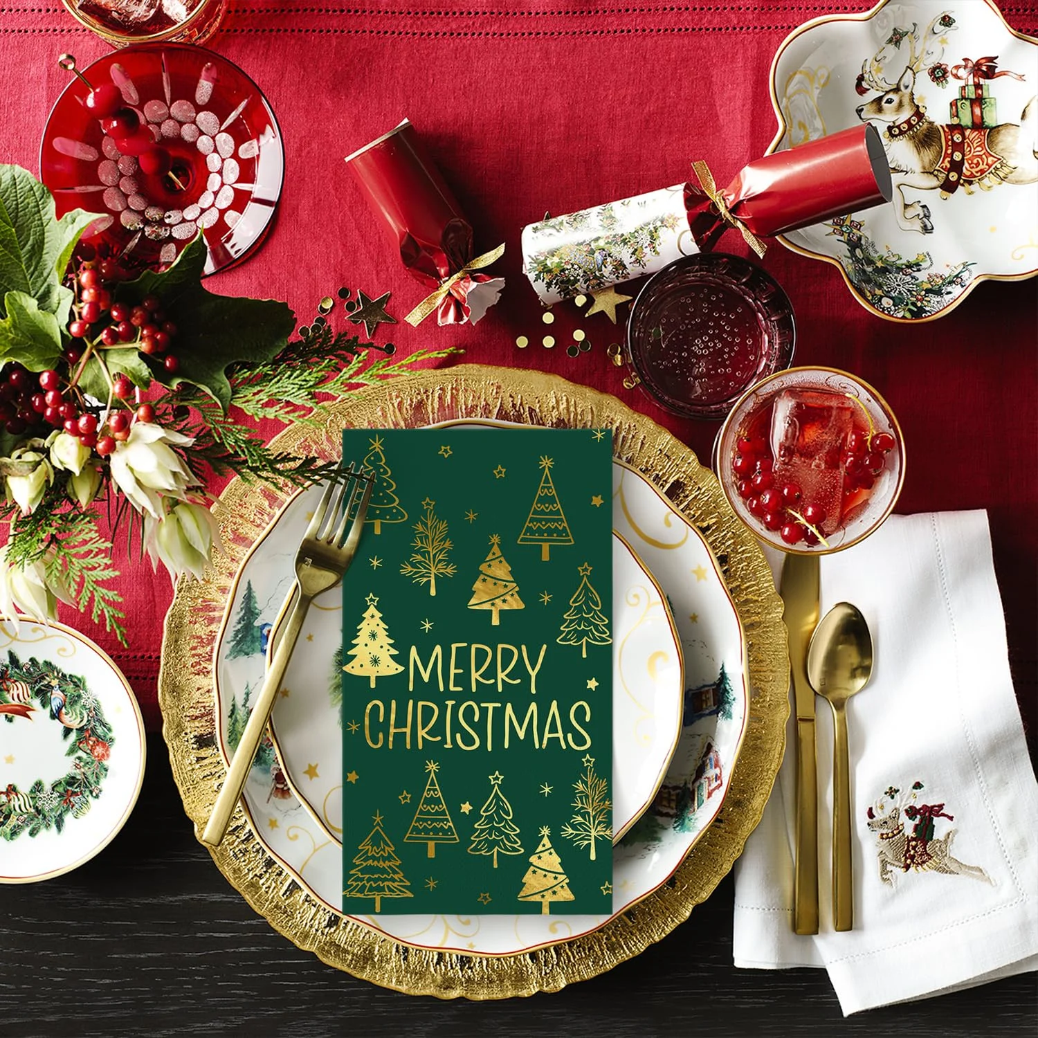 100 Christmas Disposable Paper Napkins Black Xmas Trees