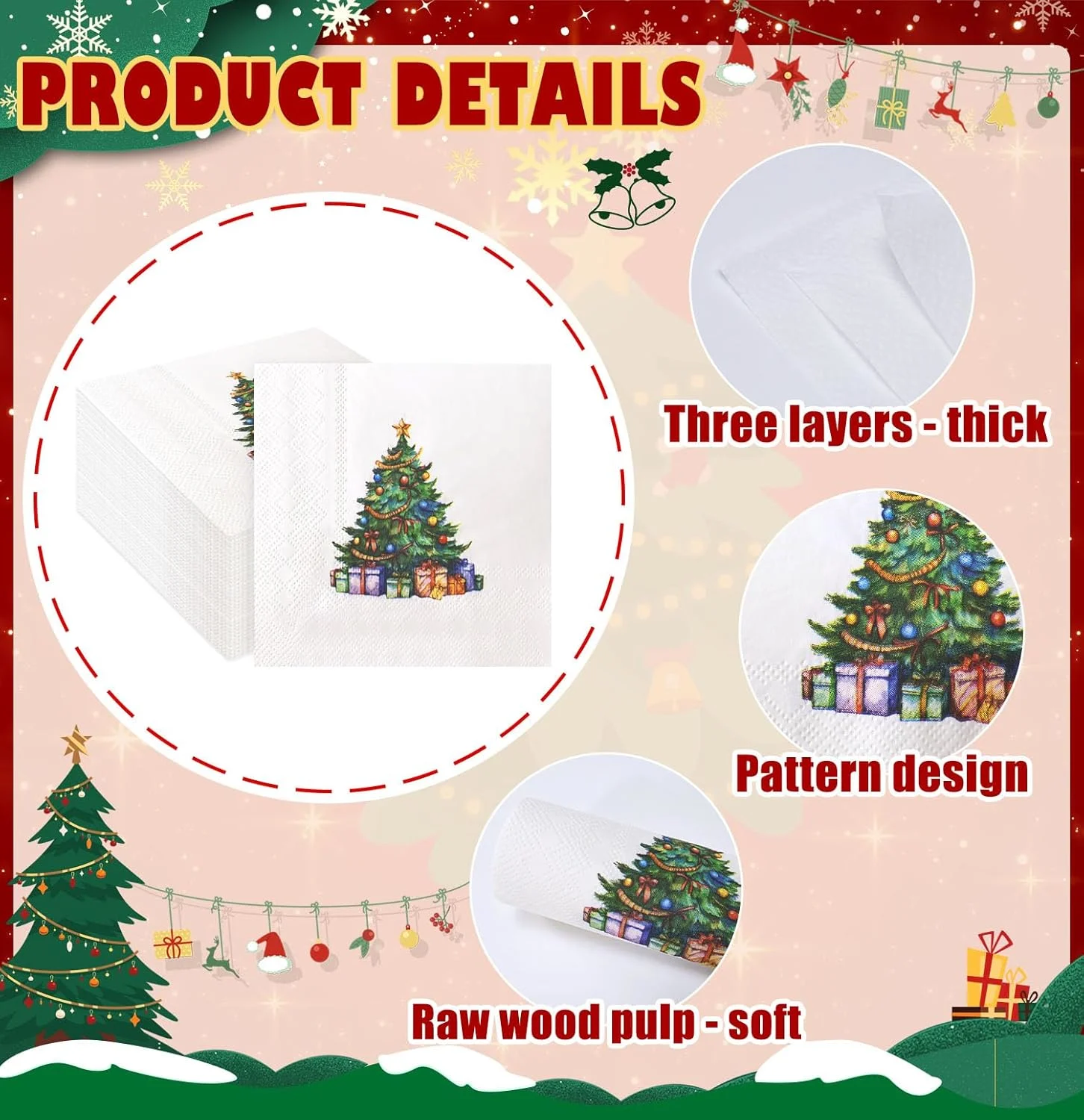 Christmas Napkins 50 Pack Tree Cocktail Disposable