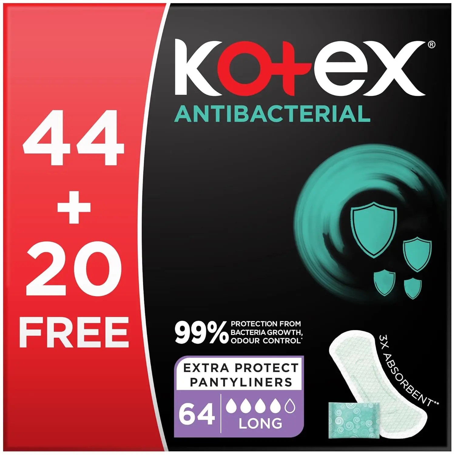 Kotex Antibacterial Panty Liners Long, 64 Count